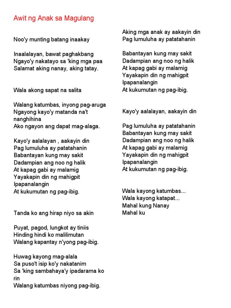 Awit NG Anak Sa Magulang Lyrics | PDF