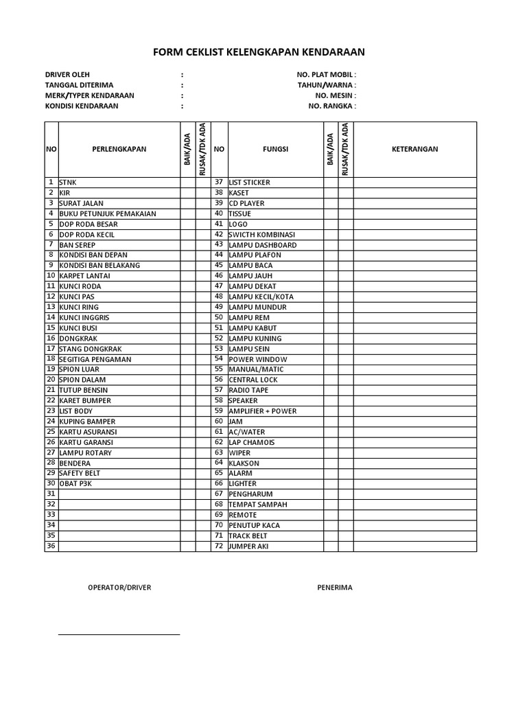 Ceklist Kelengkapan Kendaraan | PDF