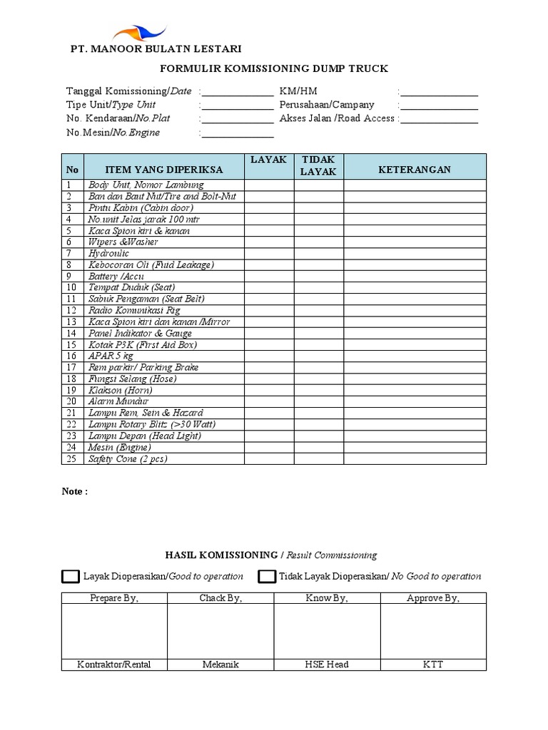 Dump Truck Commissioning Checklist | PDF