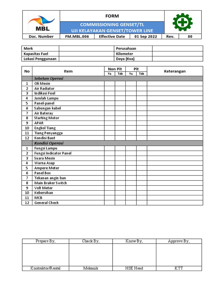 Genset Commissioning Inspection Form | PDF