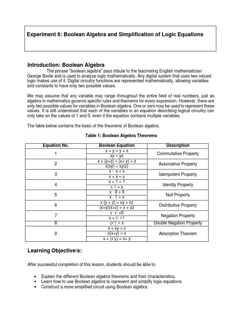 Lab Activity 6 Boolean Algebra And Simplification Of Logic Equations Pdf Boolean Algebra