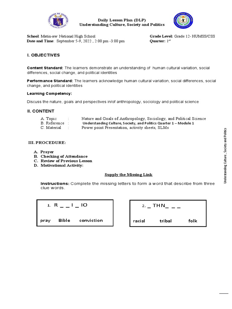 DLP UCSP Week 1 | PDF | Lesson Plan | Teachers