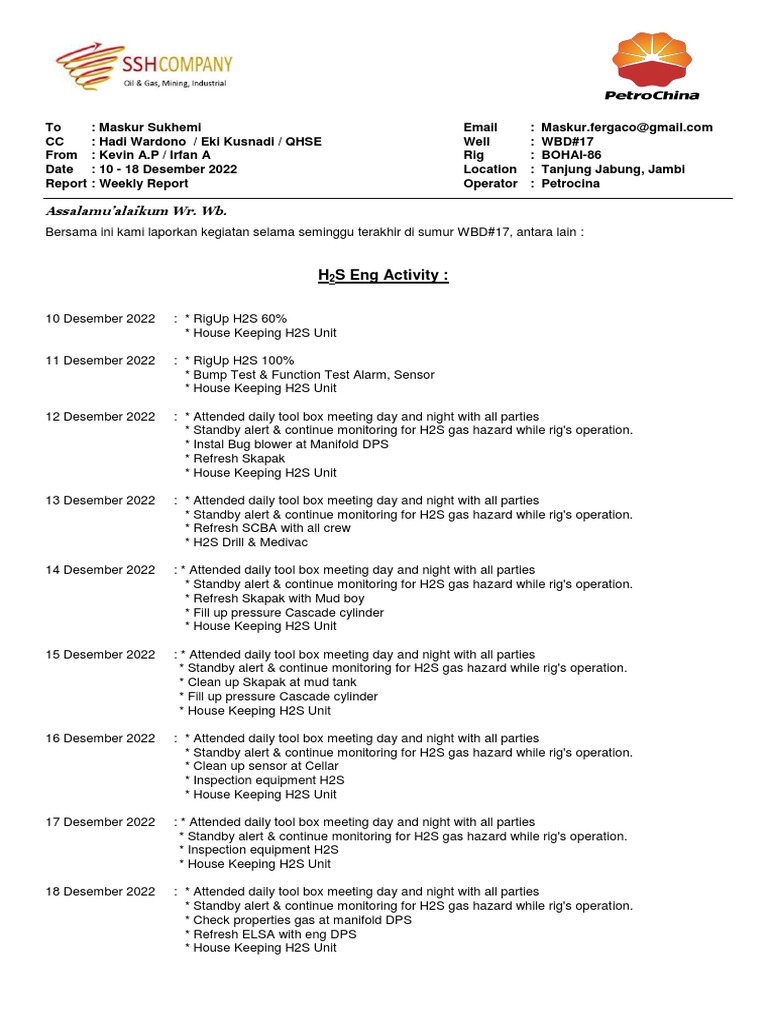 Weekly H2S and Drilling Report WBD#17 | PDF