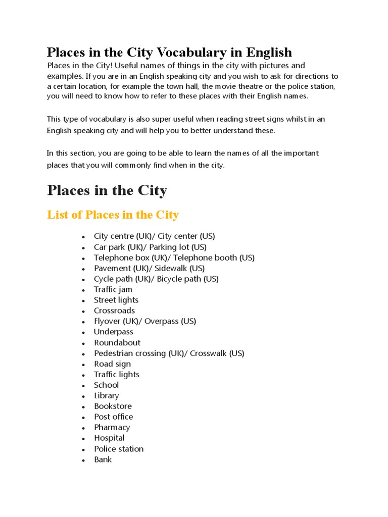 City Places Vocabulary Guide | PDF