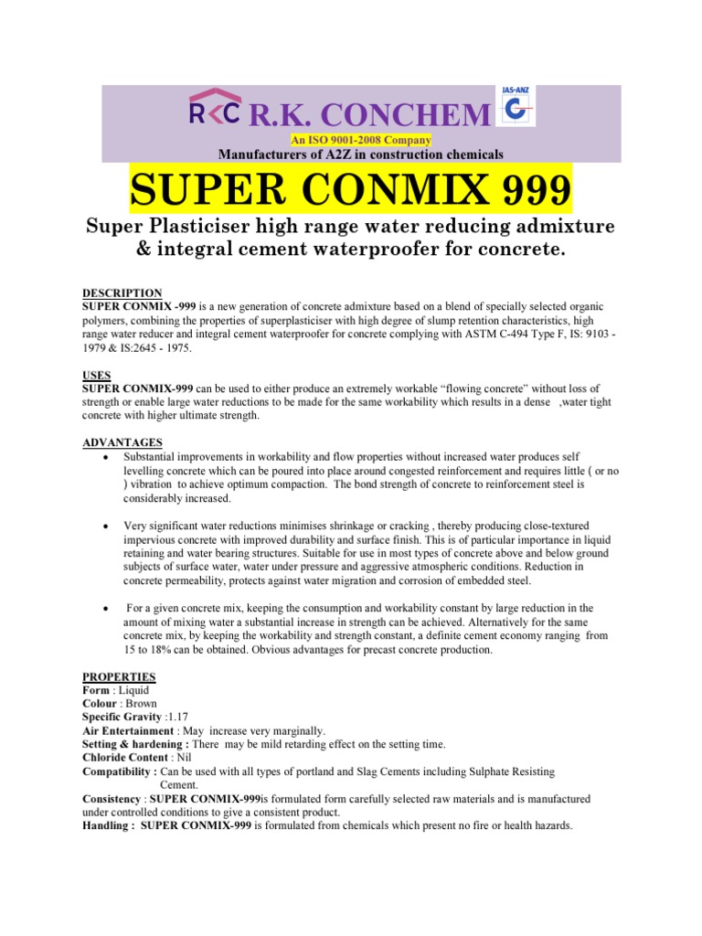 Super Conmix 999 Concrete Admixtures | PDF | Concrete | Cement
