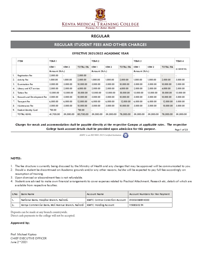 KMTC Fee Structure 2021/2022 | PDF | Fee | Banks