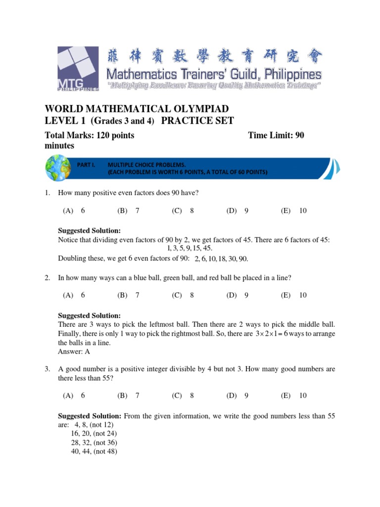 WMO Practice Set For Level 1 Answer Key | PDF | Mathematical Concepts | Number Theory