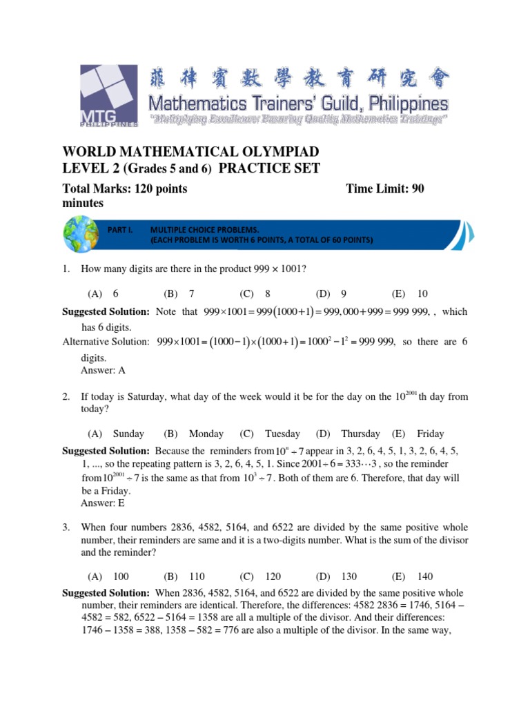 WMO Practice Set For Level 2 Answer Key | PDF | Triangle | Area