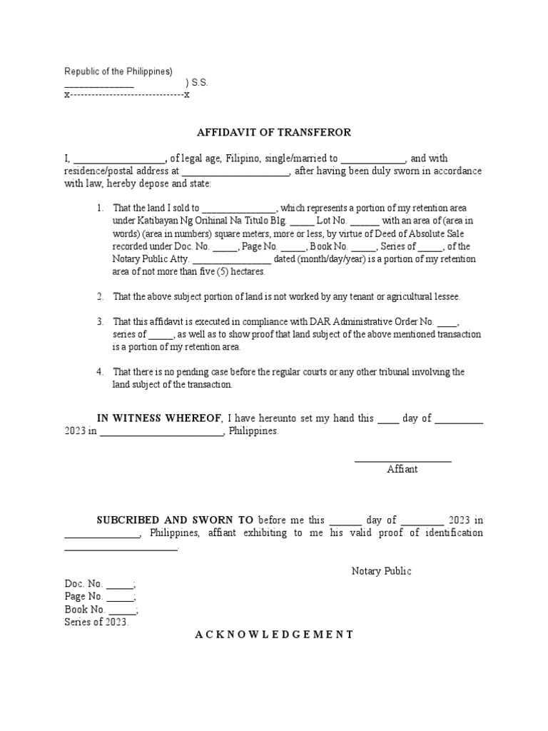 Affidavit of The Transferror | PDF | Affidavit | Notary Public