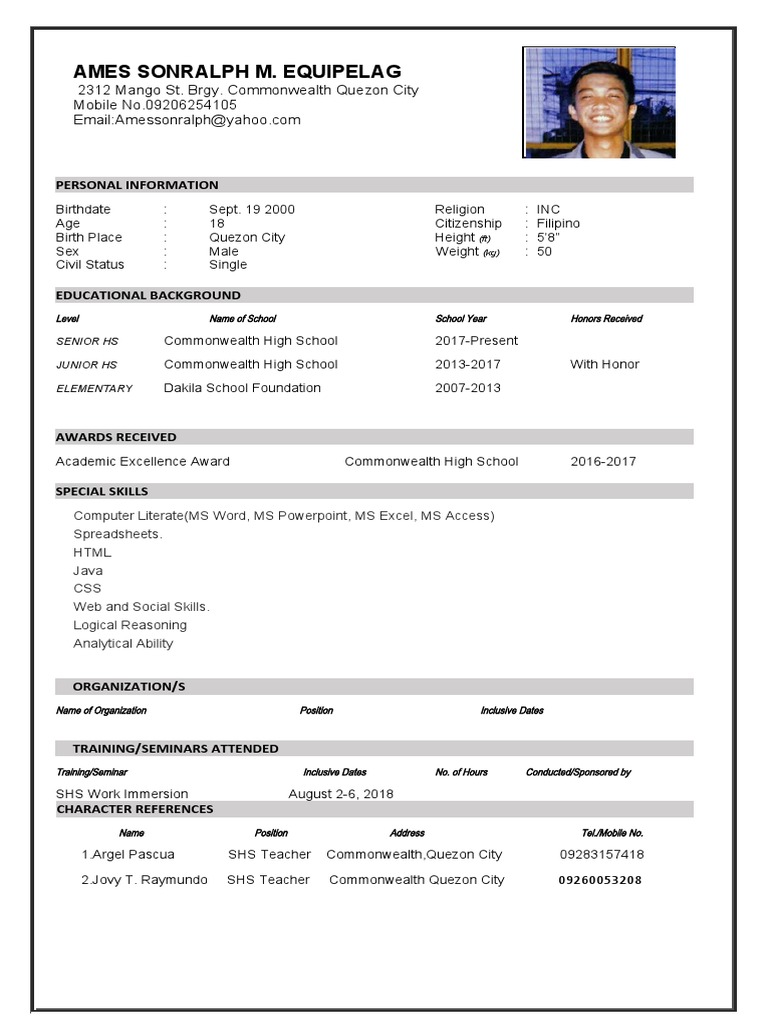 Personal Profile and Resume of Ralph M. Equipelag | PDF