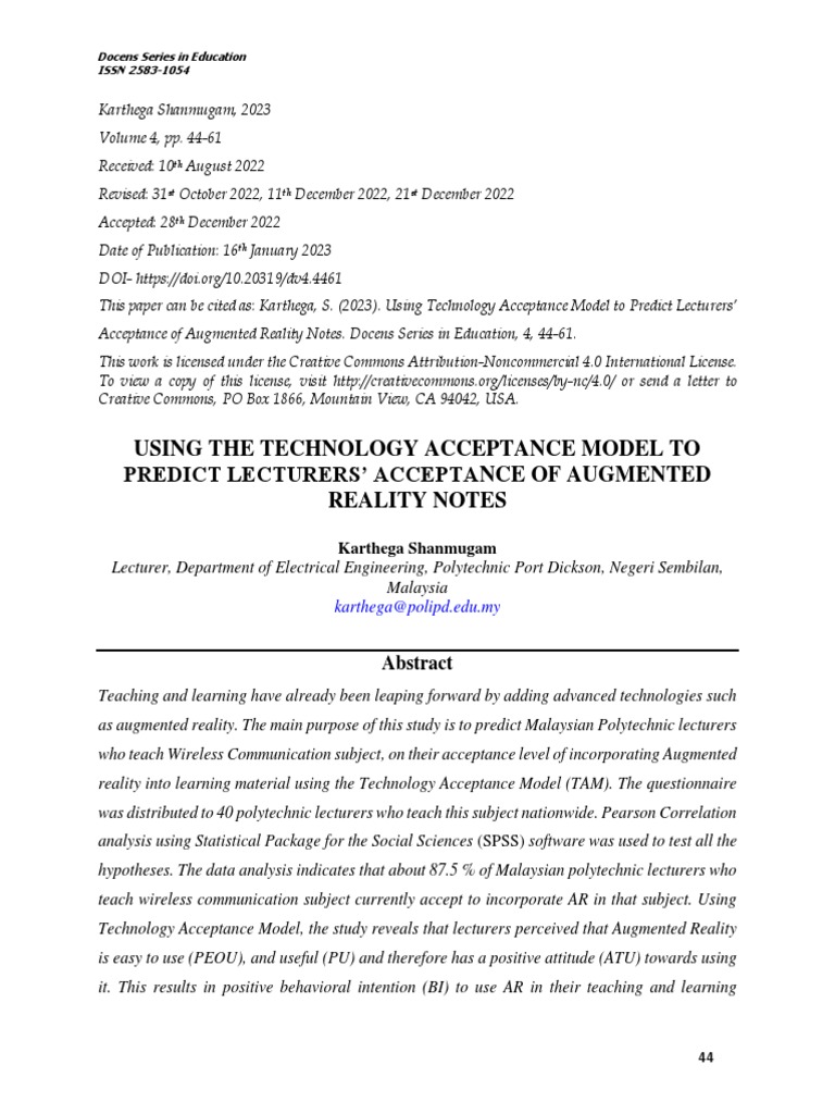 Using The Technology Acceptance Model To Predict Lecturers' Acceptance of Augmented Reality ...