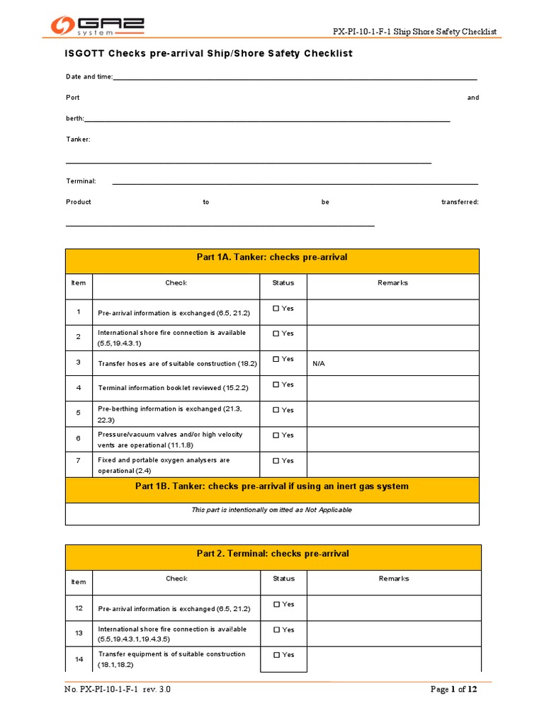 PX PI 10 1 F 1 Ship Shore Safety Checklist | PDF PX PI 10 1 F 1 Ship Shore Safety Checklist | PDF
