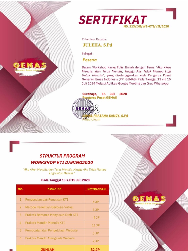JULEHA, S.PD - SERTIFIKAT GEMAS2 | PDF