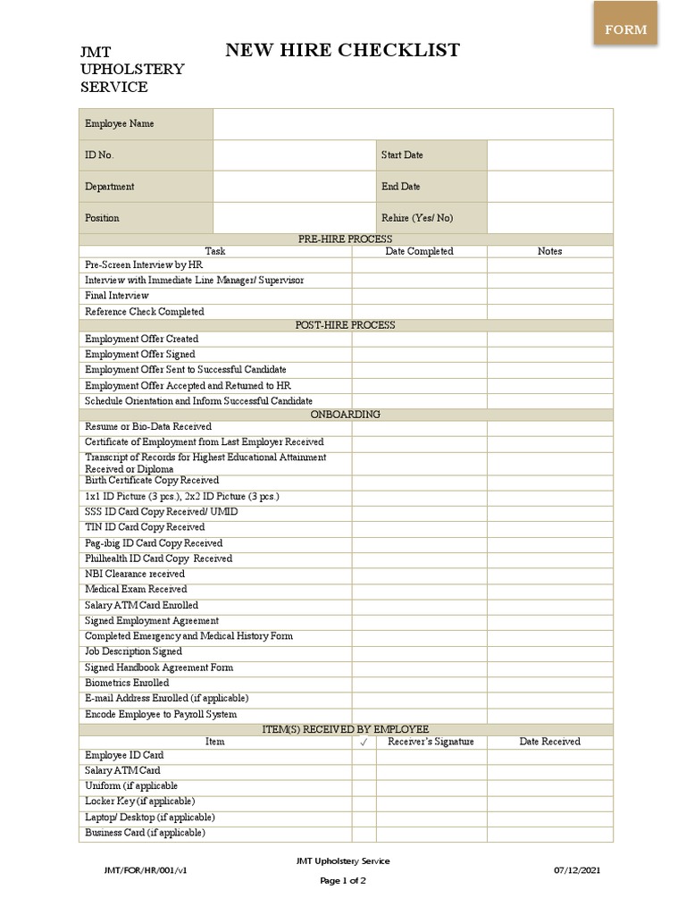 JMT HR - Form 001 v1 - New Hire Checklist | PDF