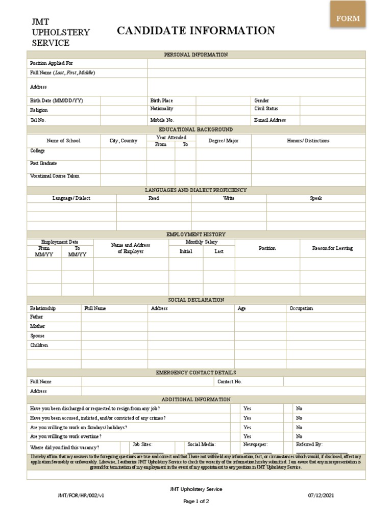 JMT HR - Form 002 v1 - Candidate Information Form | PDF | Justice | Crime & Violence