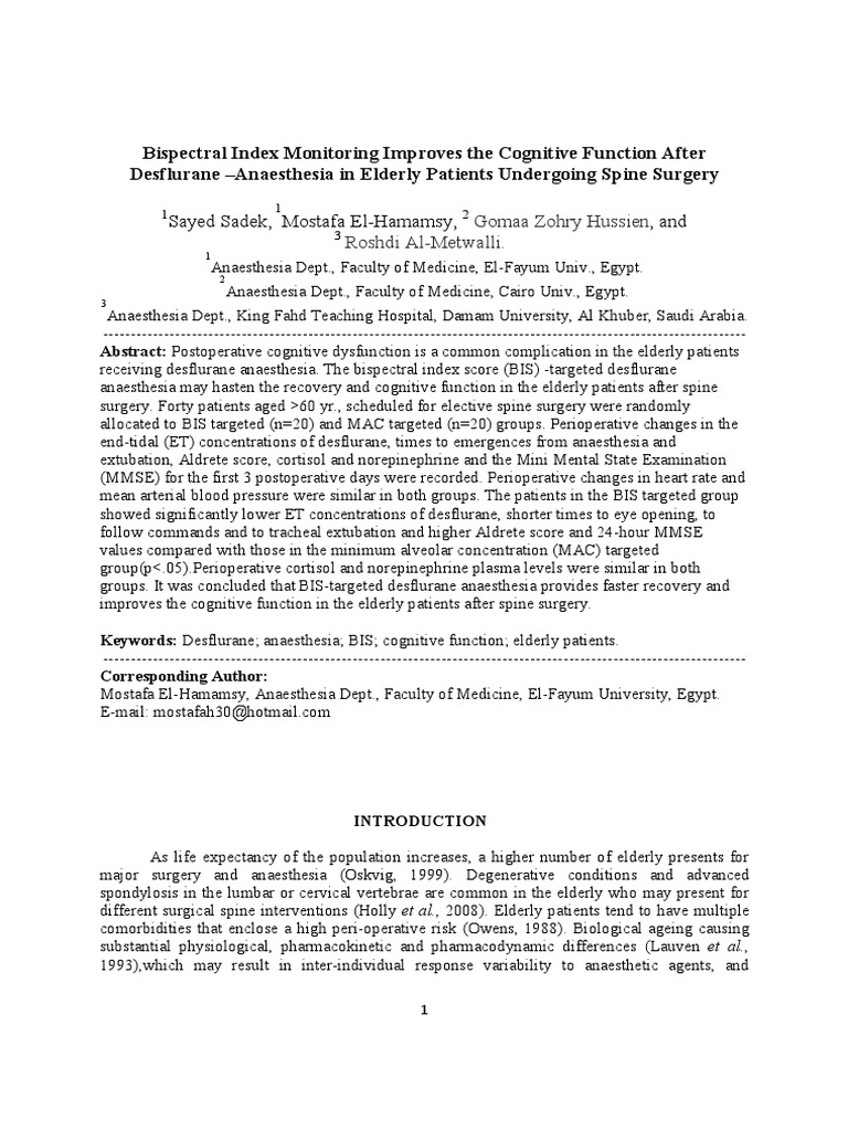 Bispectral Index Monitoring Desflurane | PDF | Anesthesia | Clinical ...