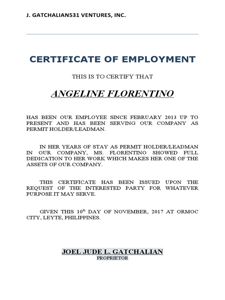 Certificate of Employment Joel Gatchalian | PDF