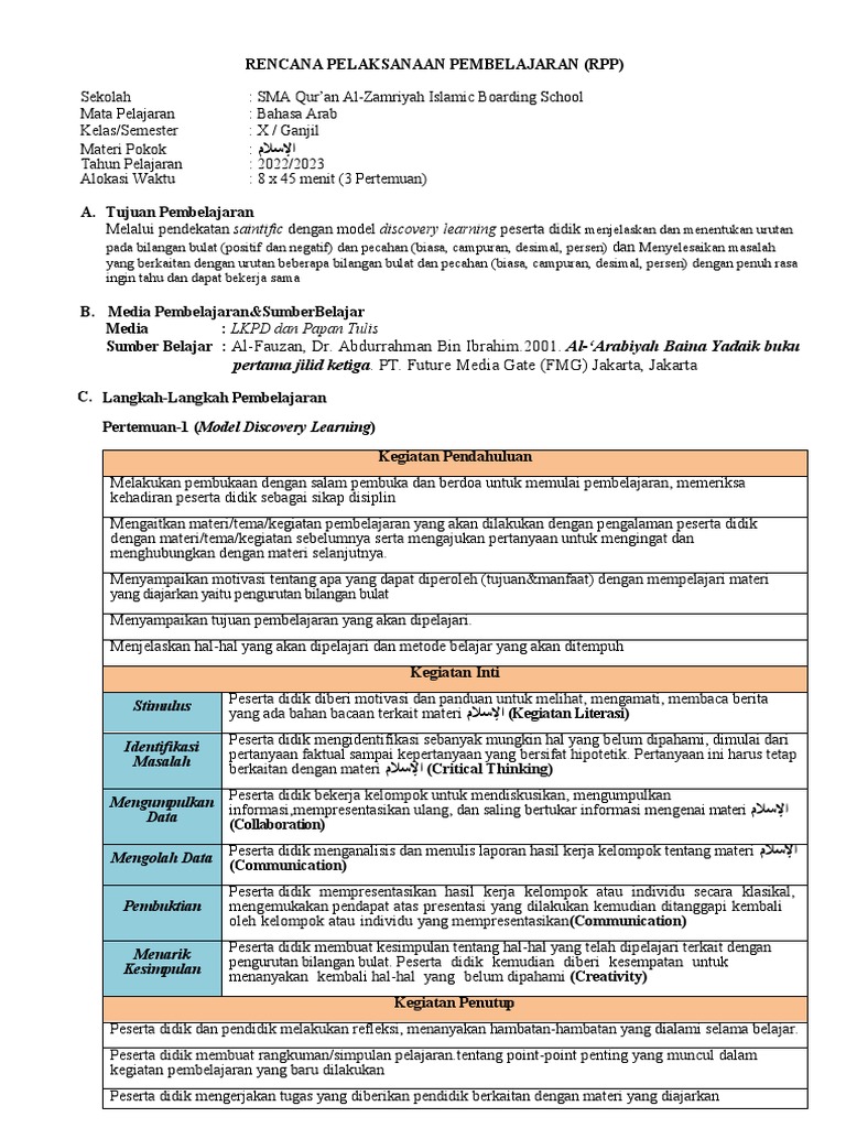 RPP Bahasa Arab Kelas X Ganjil | PDF