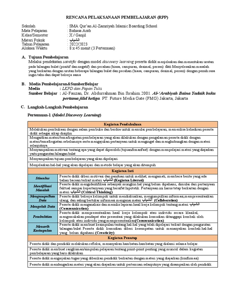 RPP Bahasa Arab X (Bab 4) | PDF