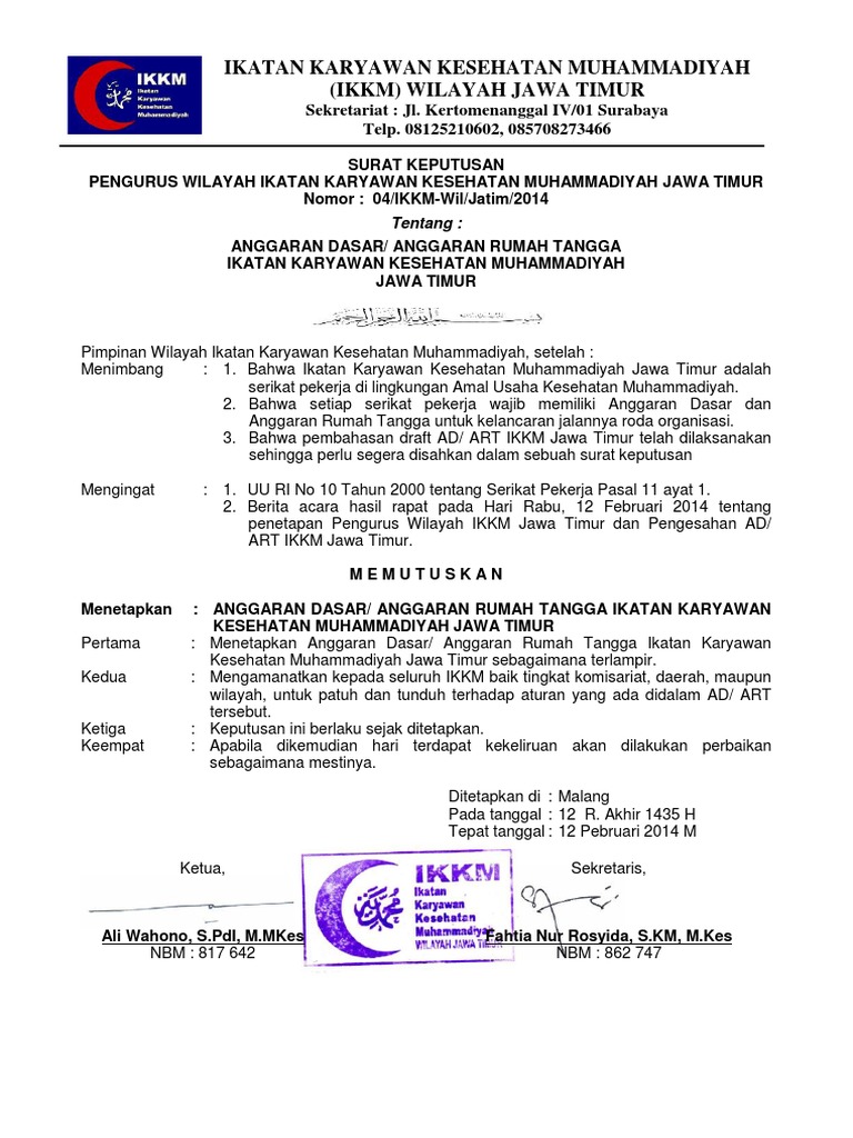 AD ART IKKM Jatim, Plus SK-1 | PDF