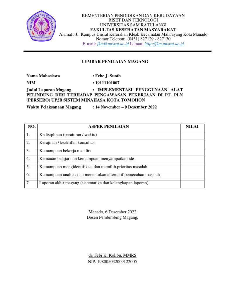 Lembar Penilaian DPM, DPL, Dosen Penguji Magang 2022 - Febe Suoth | PDF