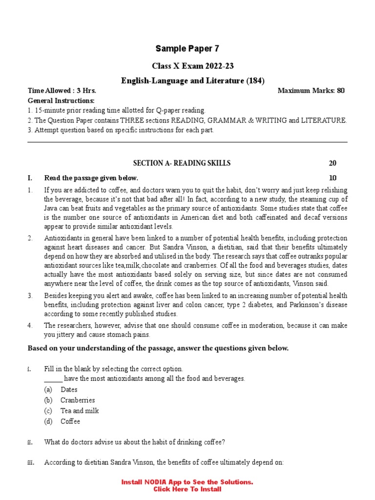 En Sample Paper 7 Unsolved | PDF | Coffee | Drink
