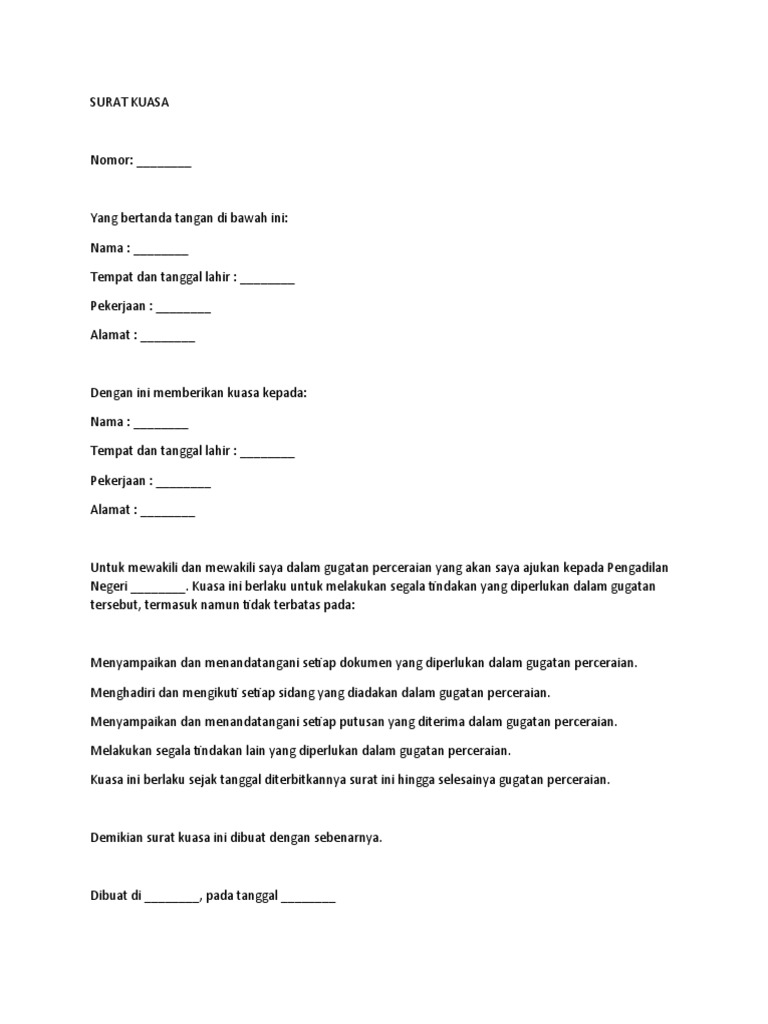 Surat Kuasa Sebagai Penggugat Perceraian Di Pengadilan Negeri | PDF