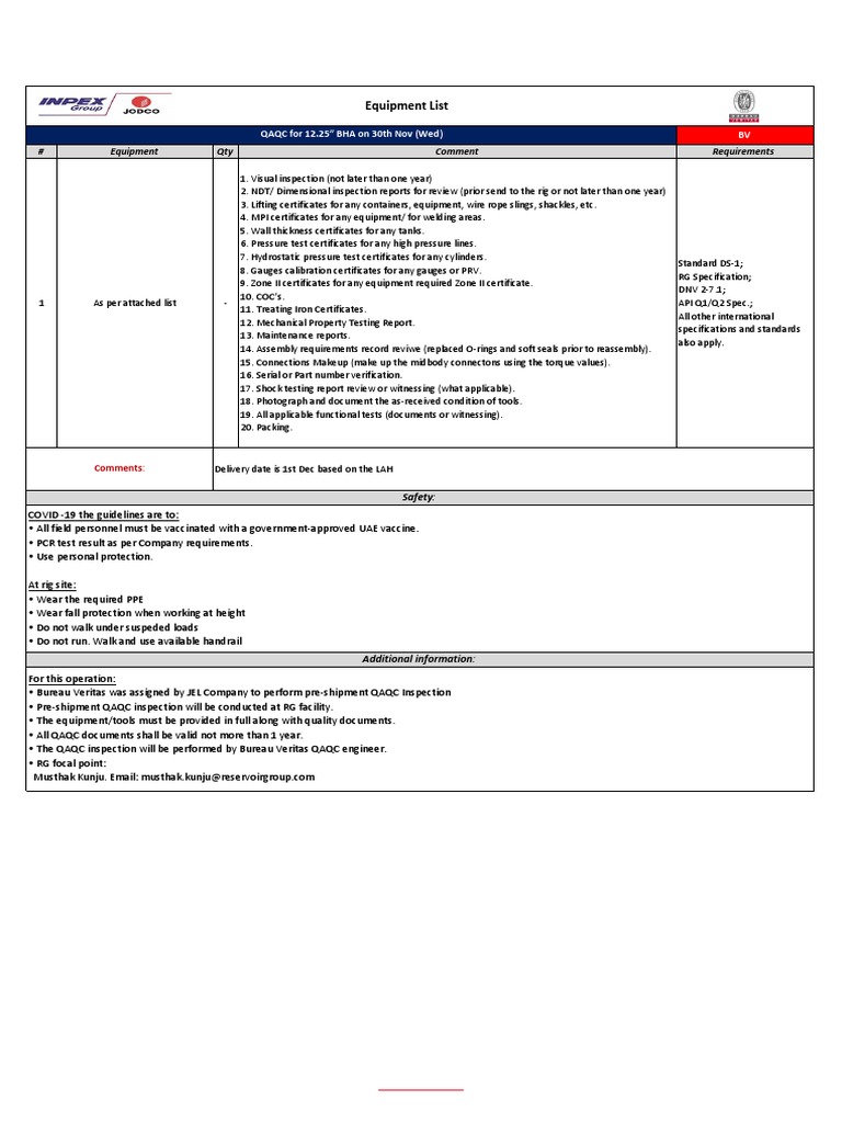 RESERVOIR GROUP SOW - CORING Tools - QAQC For 12.25" BHA On 30th Nov ...