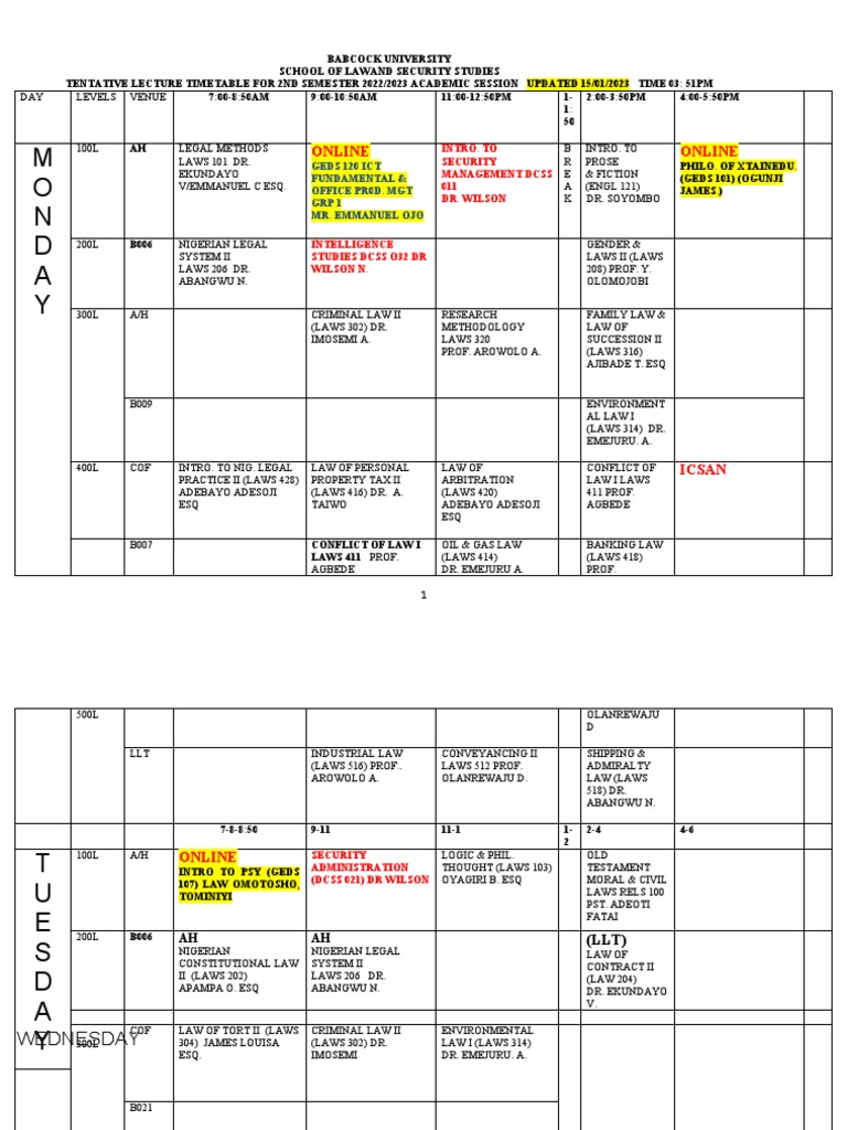 Babcock Law School Lecture Timetable 2023 | PDF | Common Law | Public ...