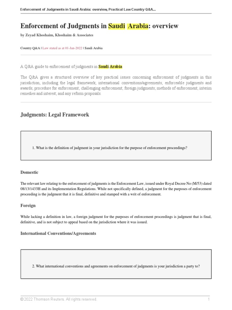 Enforcement of Judgments in Saudi Arabia Overview | PDF | Judgment (Law) | Jurisdiction