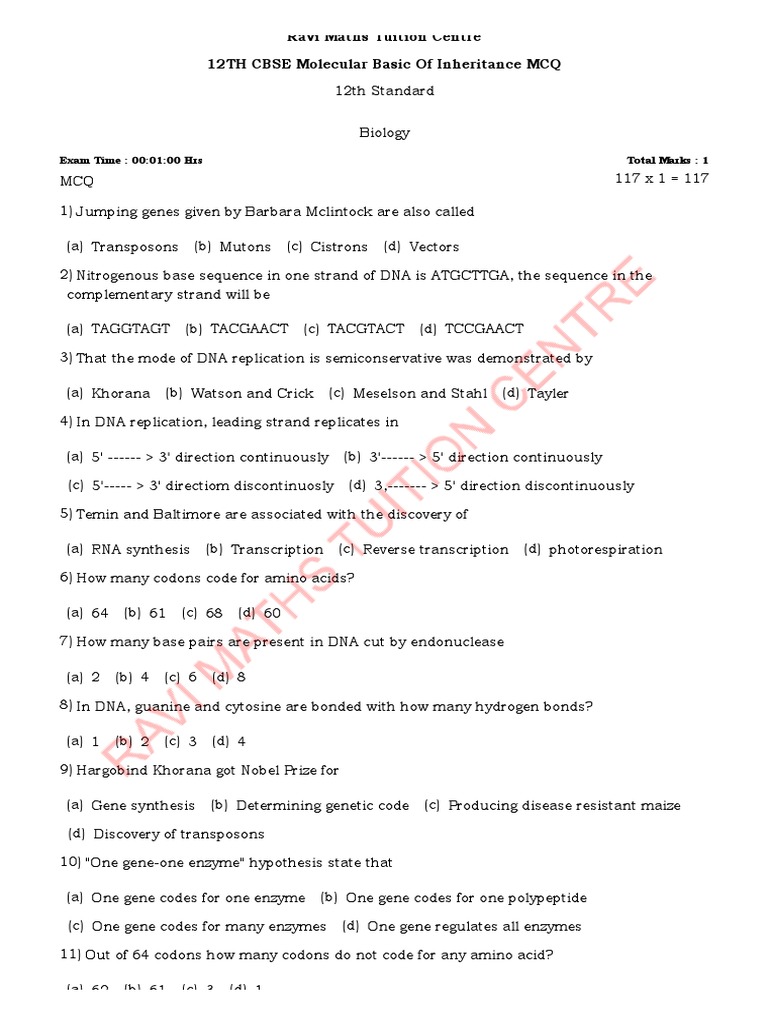 NEET CBSE Molecular Basic of Inheritance MCQ QA | PDF | Dna ...
