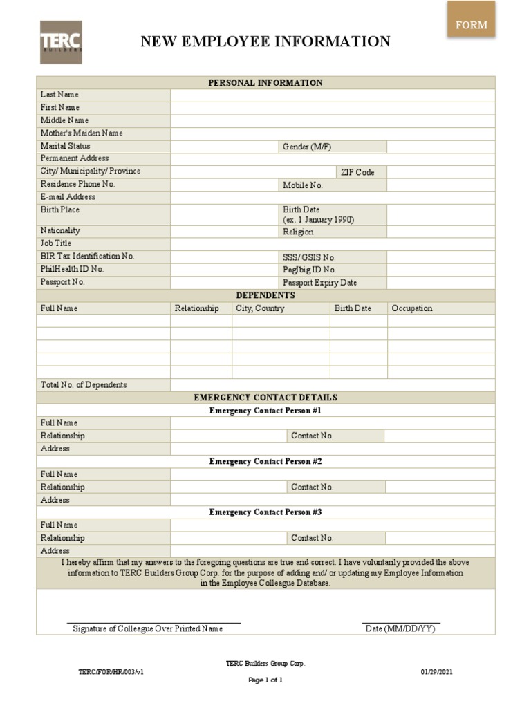 TERC HR - Form 003 v1 - New Employee Information Form | PDF | Identity ...