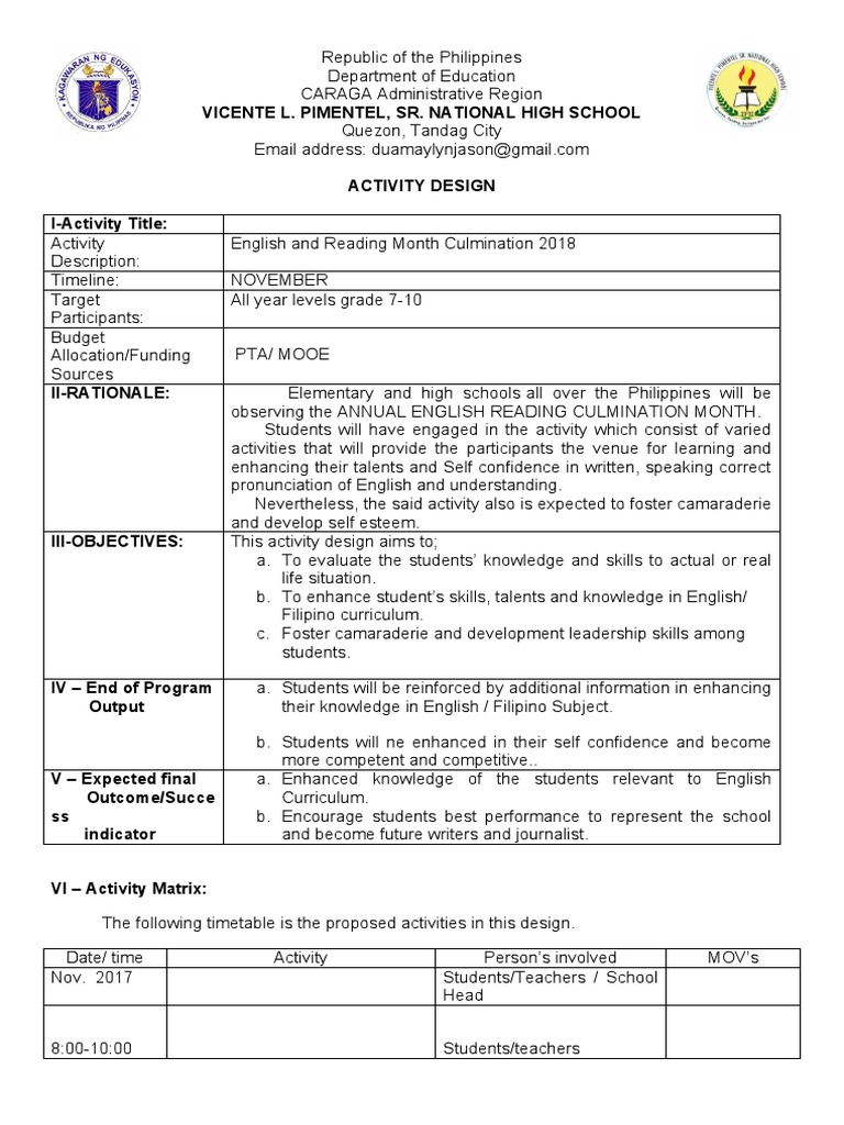 ACTIVITY DESIGN English Month Culmination | PDF | Teachers