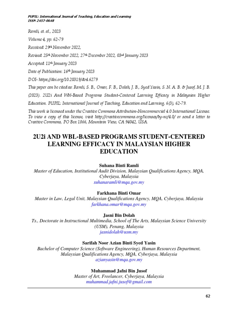2u2i AND WBL-BASED PROGRAMS STUDENT-CENTERED LEARNING EFFICACY IN MALAYSIAN HIGHER EDUCATION ...
