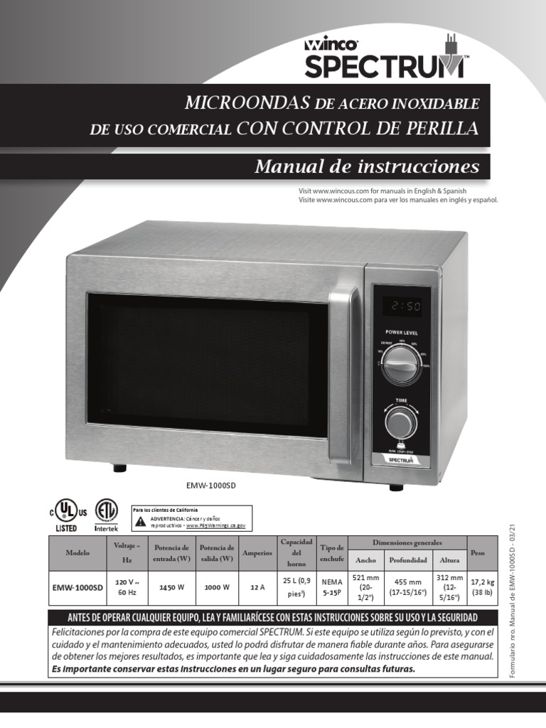 Spectrum Emw-1000sd Manual 2021 Es | PDF | Enchufes y tomas de corriente alterna | Agua