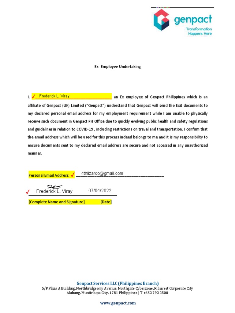 Ex Employee Undertaking | PDF