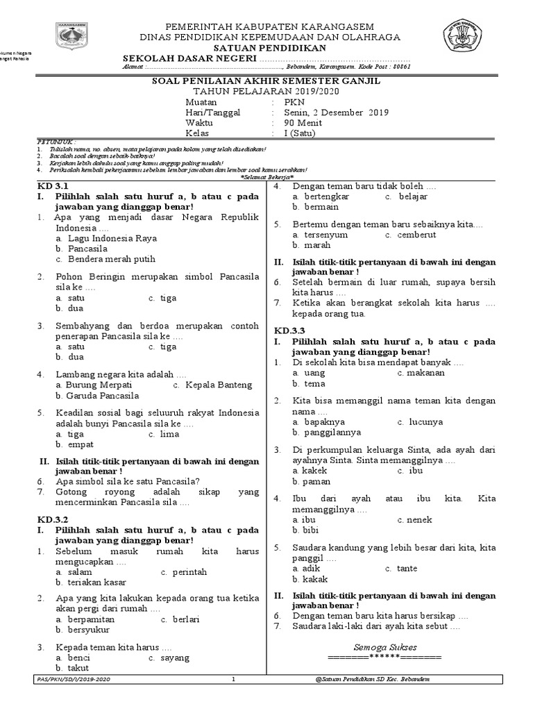 Pas PKN Kelas 1 TP 2019-2020 | PDF