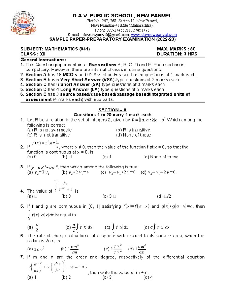 Sample Paper XII | PDF | Maxima And Minima | Mathematical Analysis