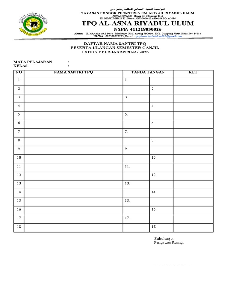 Daftar Hadir Ulangan | PDF