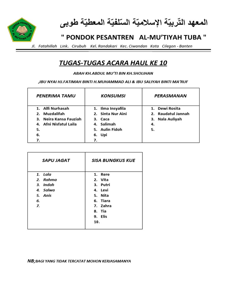 Tugas Acara Haul ke-10 Pondok Pesantren | PDF