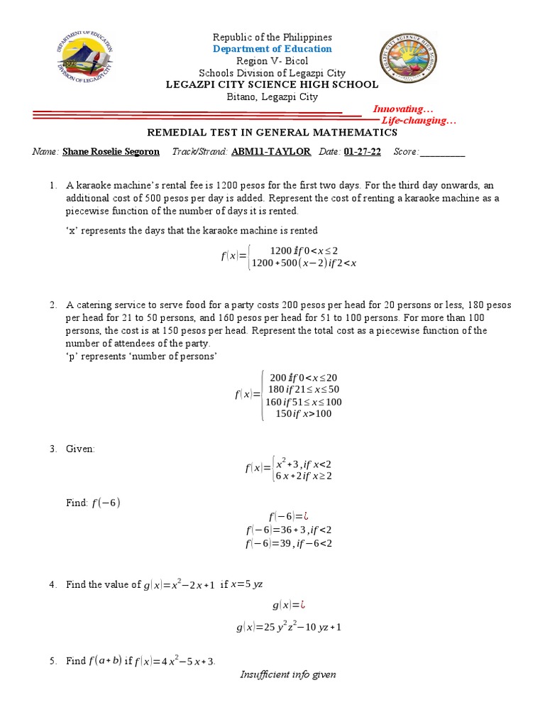 ABM11 - GM Remedial Test Functions | PDF | Philippines