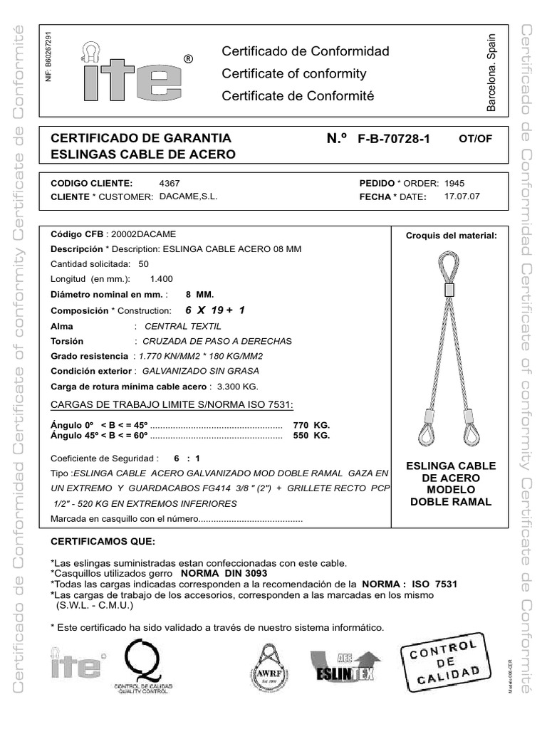 Certif. Jgo. Eslinga Batea | PDF | Bienes manufacturados | Ingeniería ...
