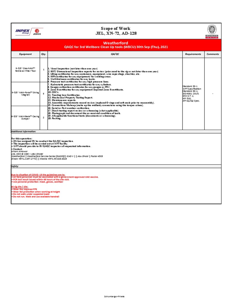 WFT SOW - For Wellbore Clean Up Tools (WBCU) - Sept 30th. | PDF
