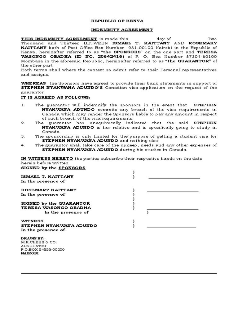 Indemnity Agreement - Statements Visa | PDF
