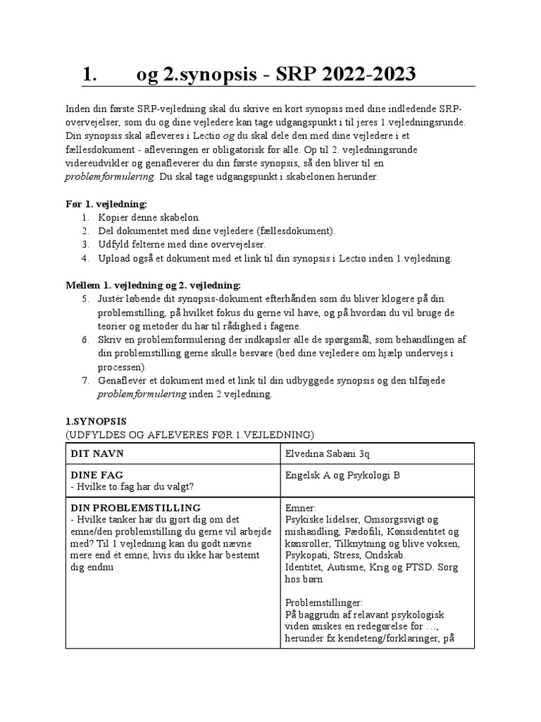 Skabelon 1. Og 2.synopsis - SRP 2022-2023 | PDF