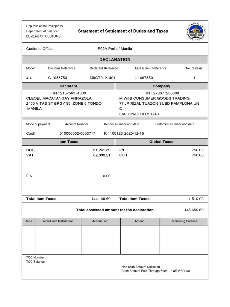Statement of Settlement of Duties and Taxes: Declarant Company | PDF