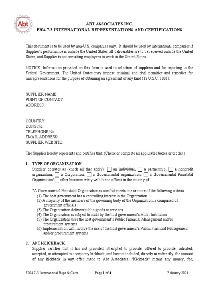 F204.7-3 Rev 2 Int'l Representations & Certifications Feb 2021 | PDF | Bribery | Federal ...