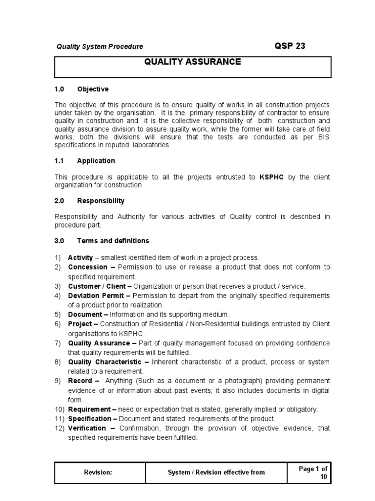 QSP 23 - Quality Assurance (R0) 010105 | Quality Assurance | Quality ...