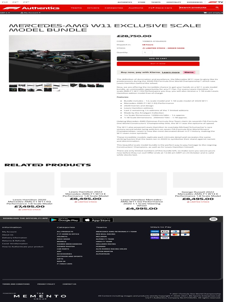 Lewis Hamilton 2020 Mercedes-AMG F1 W11 EQ Performance 14 Scale Model ...