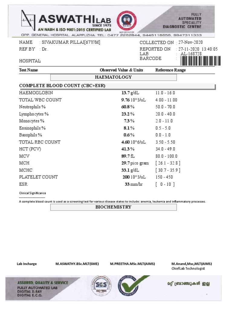 Comprehensive Medical Laboratory Test Results for 67-Year Old Male ...